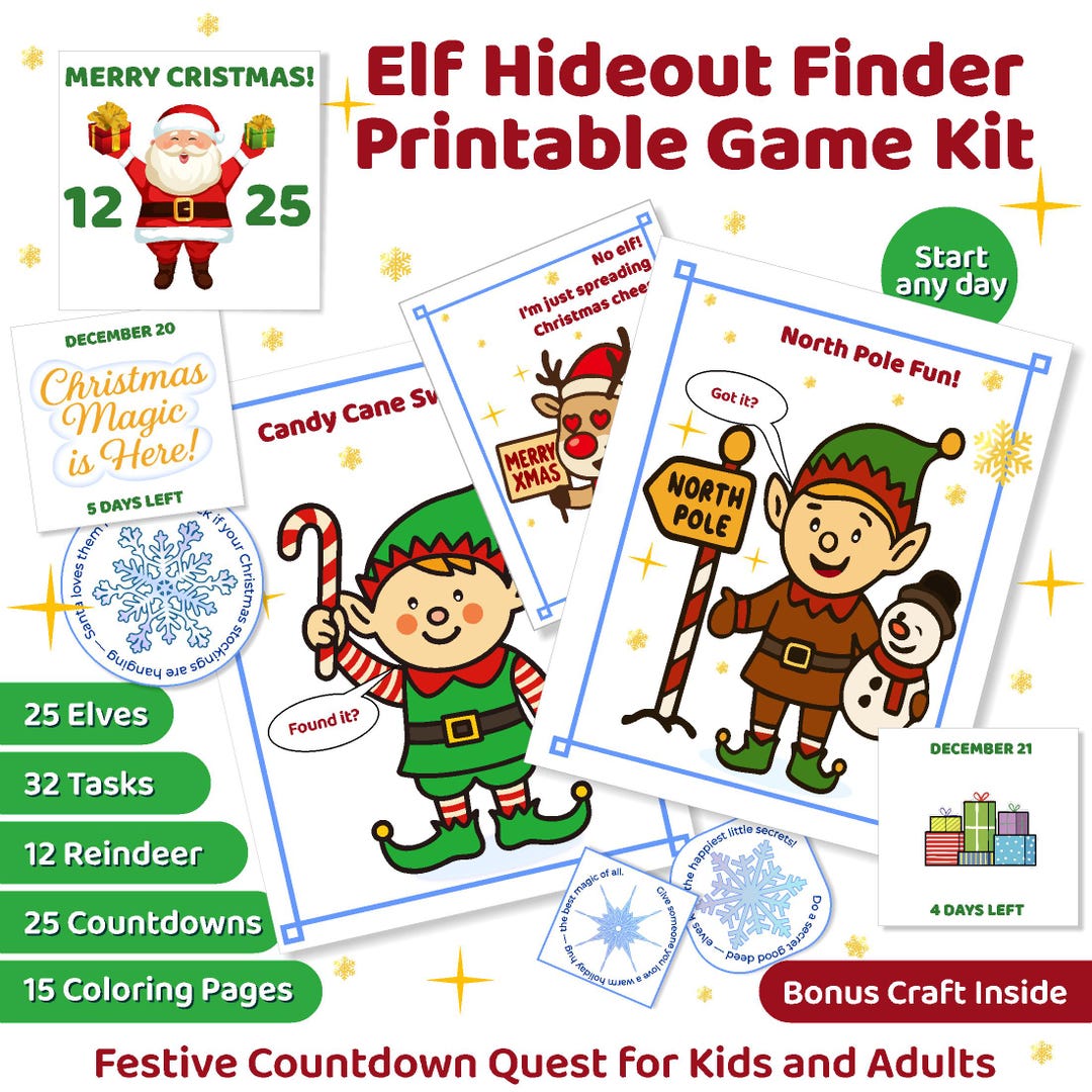 Elf Hideout Finder Printable Game Kit: 100+ Cards, 15 Coloring Pages ...