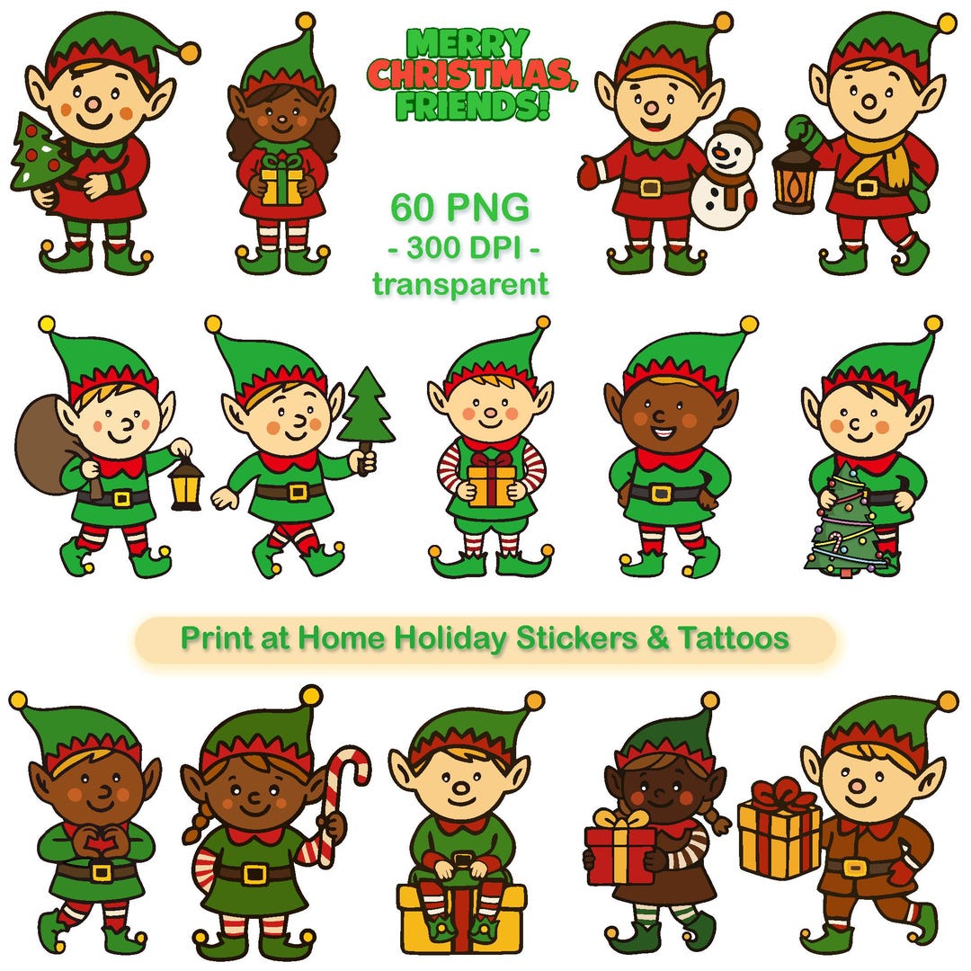 Christmas Elf Clipart Bundle: 55 Elves, Print at Home Holiday Stickers ...
