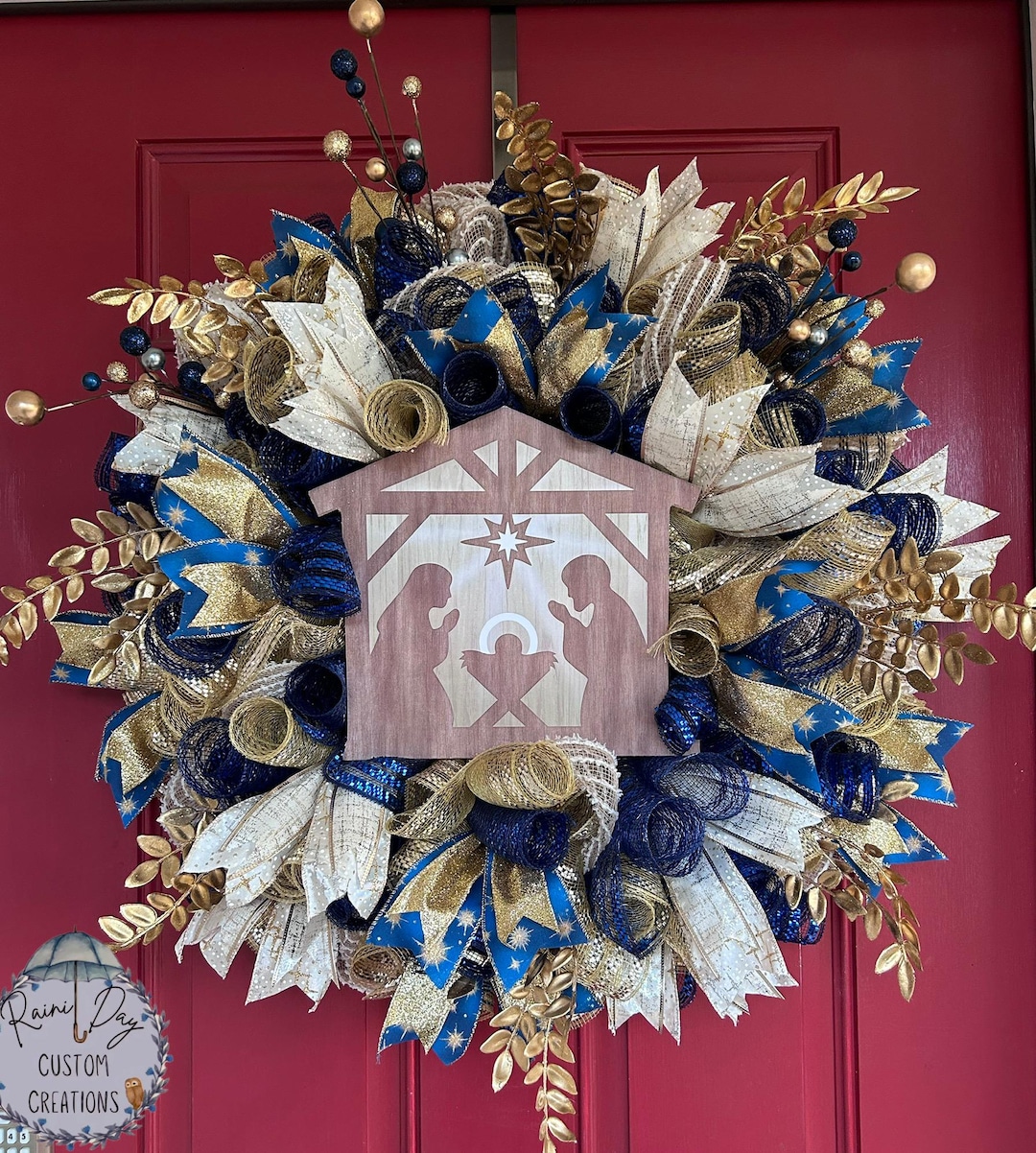 Religious Nativity Jesus Christmas Wreath With Blue and Gold Wreath and ...