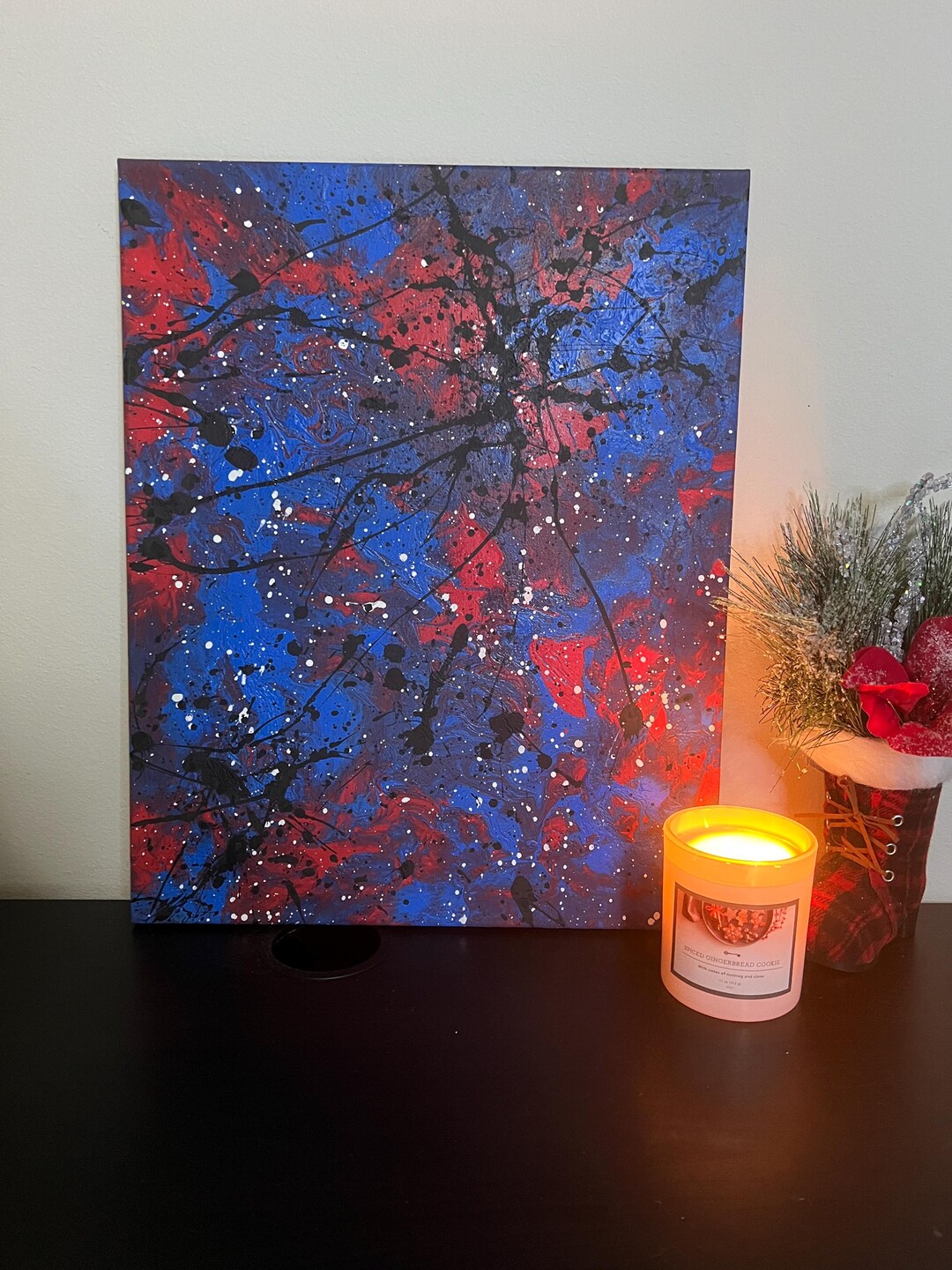 Blue & Red (spider-man) Abstract Fluid Art Canvas With Black Splatter ...