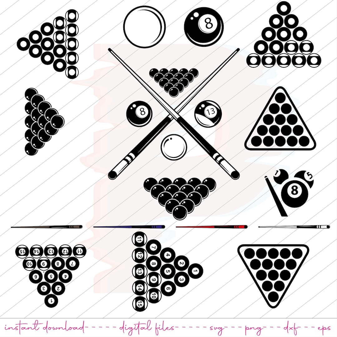 Billiards Svg Bundle, Pool Svg, Rack, Cue, Break, Solids, Stripes ...