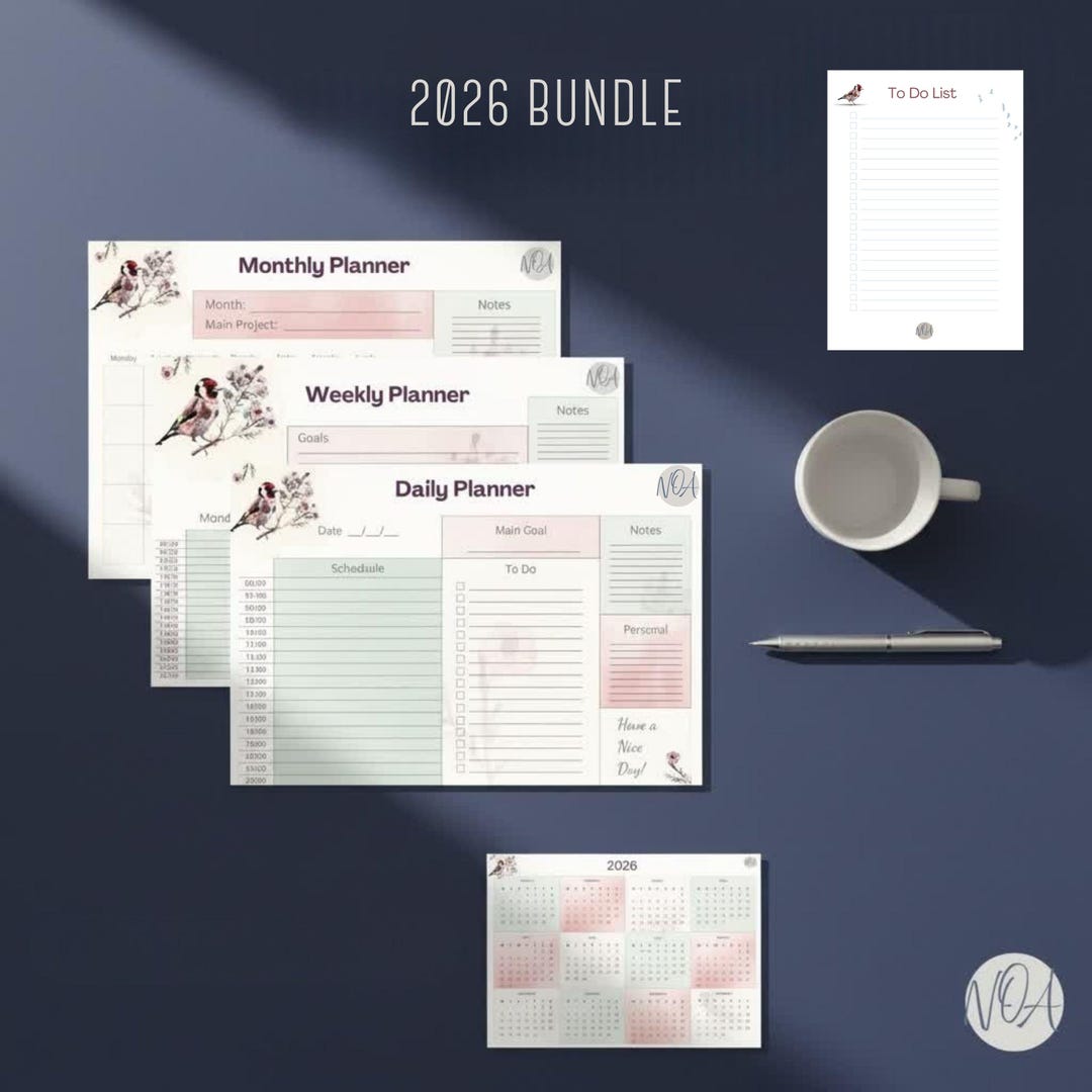 2026 Printable Planner Bundle | Goldfinch Bird Lover Gift | Daily ...