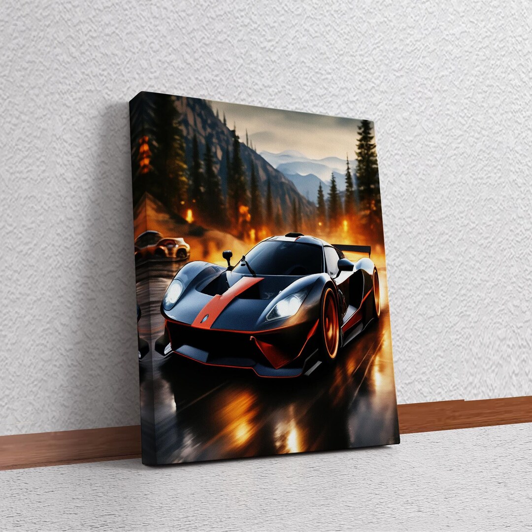 Ferrari Canvas Wall Art, Gift for Ferrari Lovers, Black Flame Car on ...