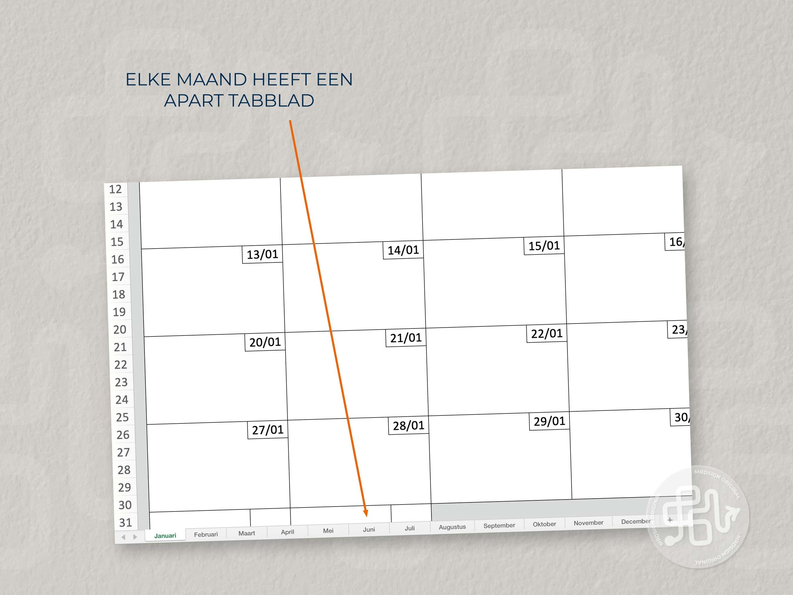 Excel Maandkalender Voor 2025 Tot En Met 2027 | 12 Tabbladen Met ...