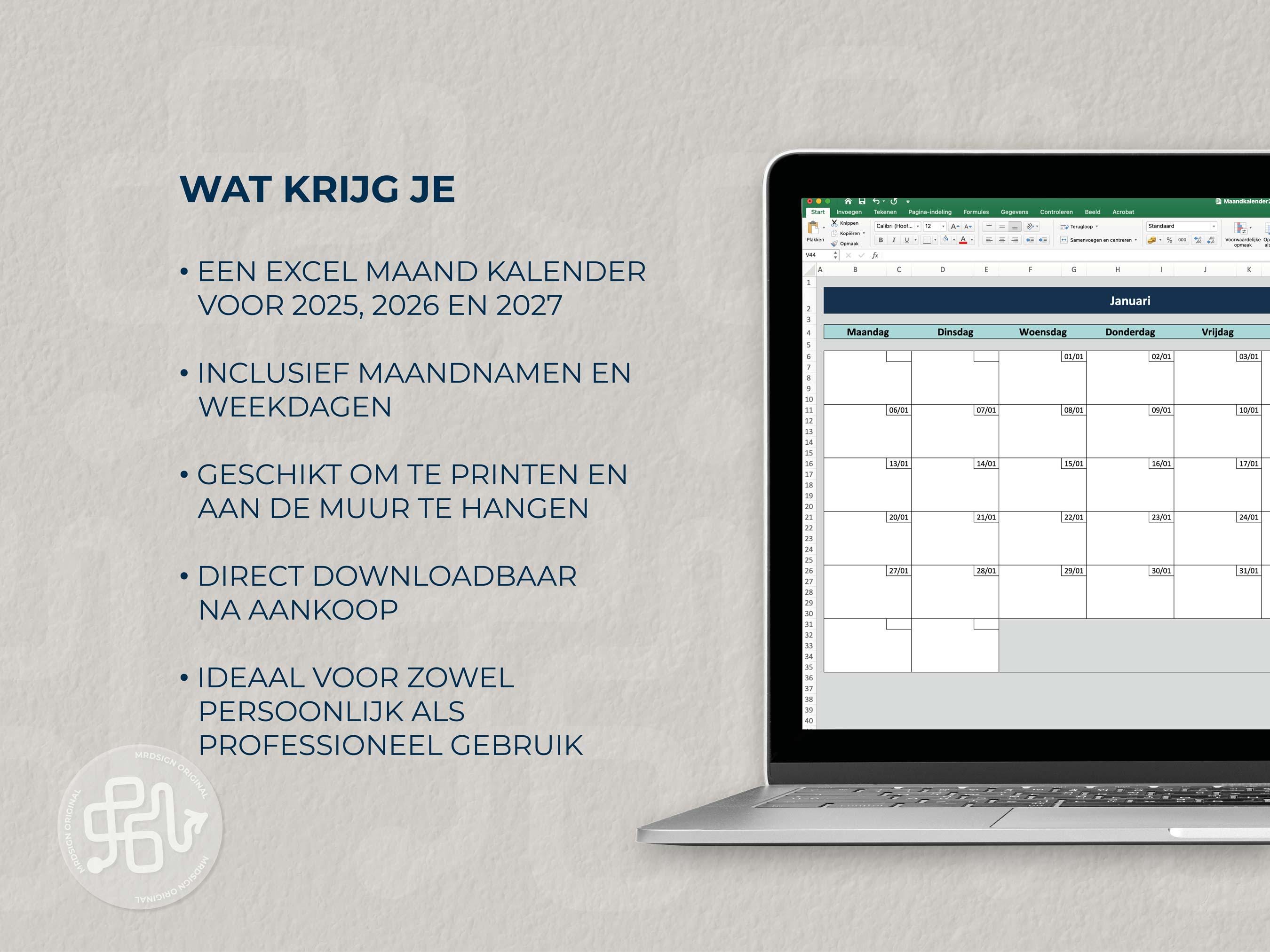 Excel Maandkalender Voor 2025 Tot En Met 2027 | 12 Tabbladen Met ...