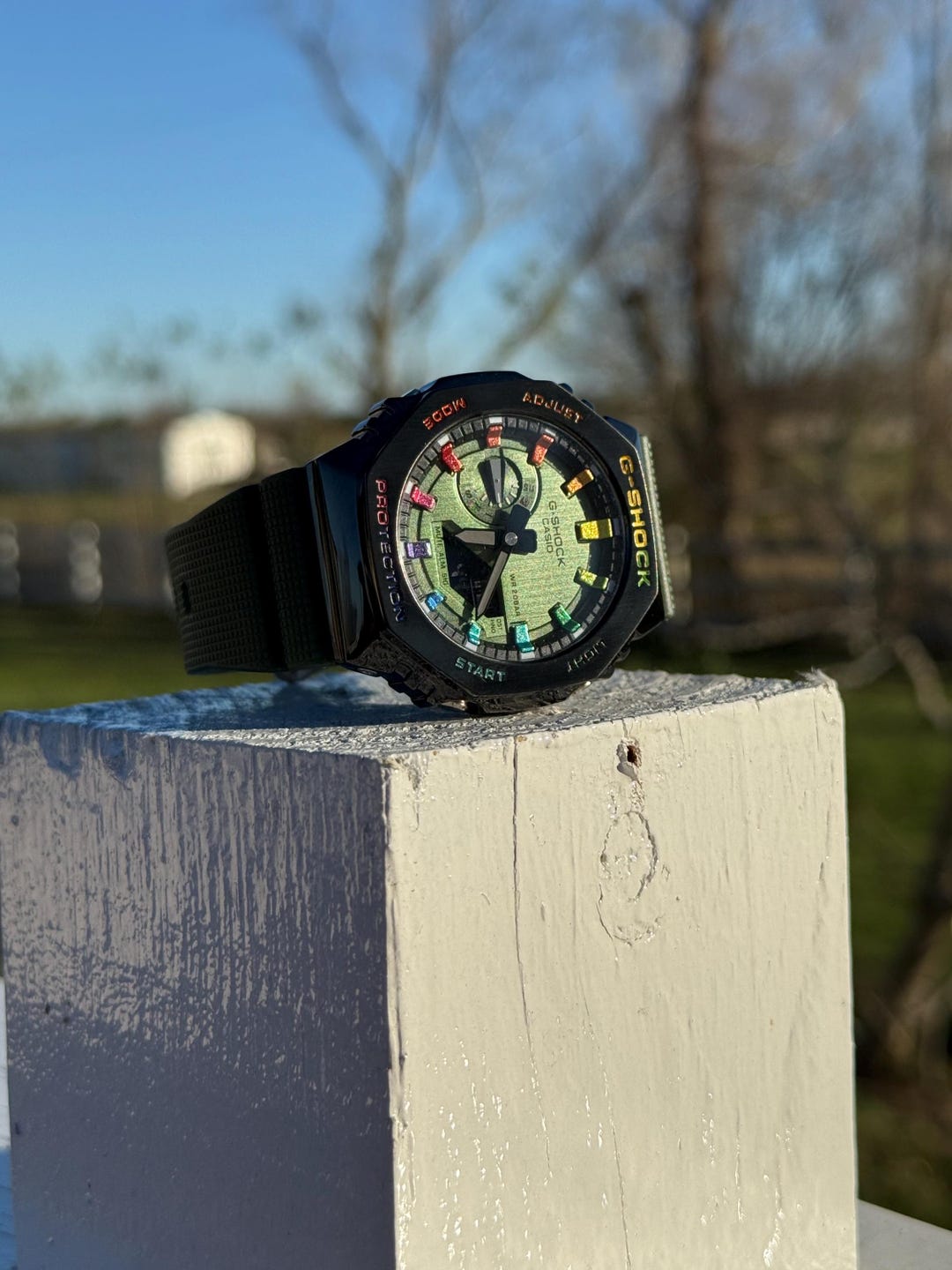 Casio G-shock Black Bezels With Green Dial and Rainbow Accents GM-2100 ...