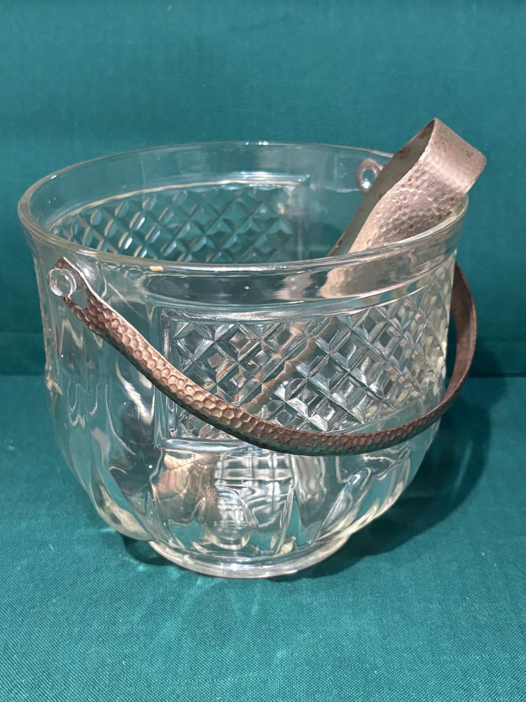 Vintage Diamond Pattern Pressed Glass Ice Bucket With Hammered Brass ...
