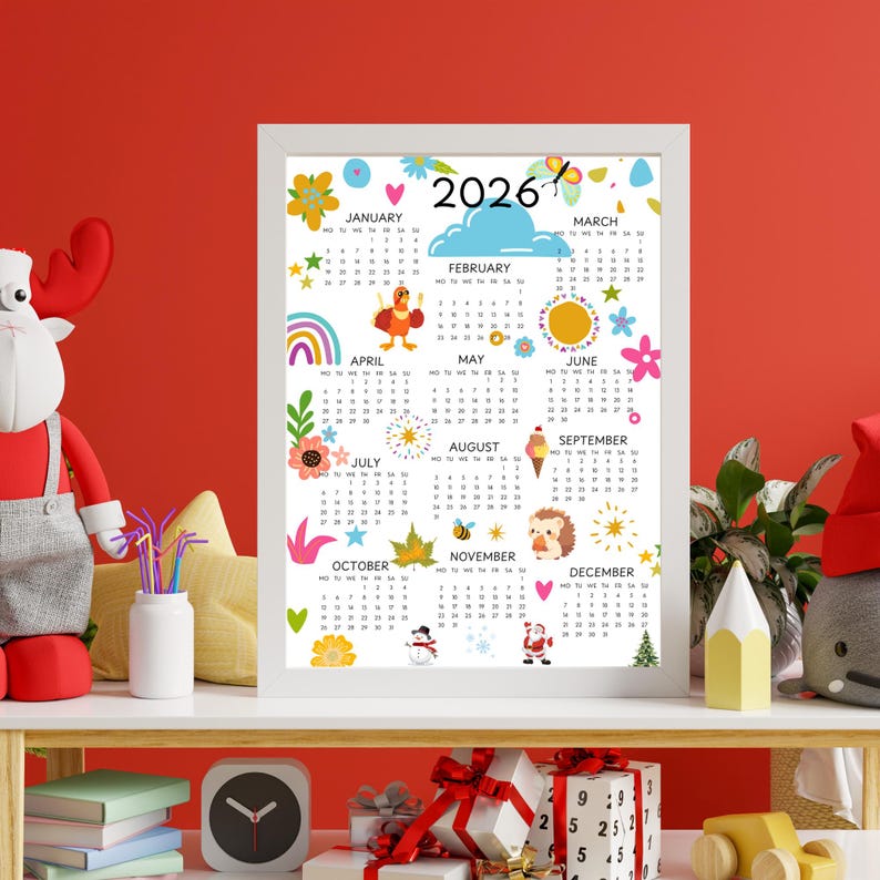 2026 Kids Calendar Printable, Cute Colorful Yearly Wall Calendar, Fun ...
