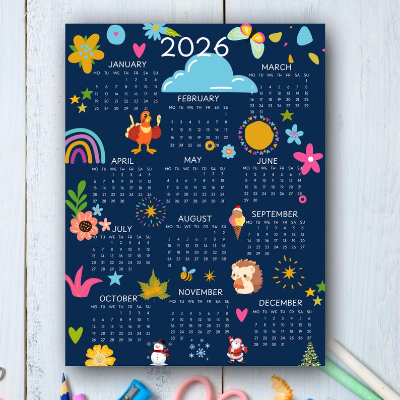 2026 Kids Calendar Printable, Nursery Classroom Decor (PDF) - Etsy