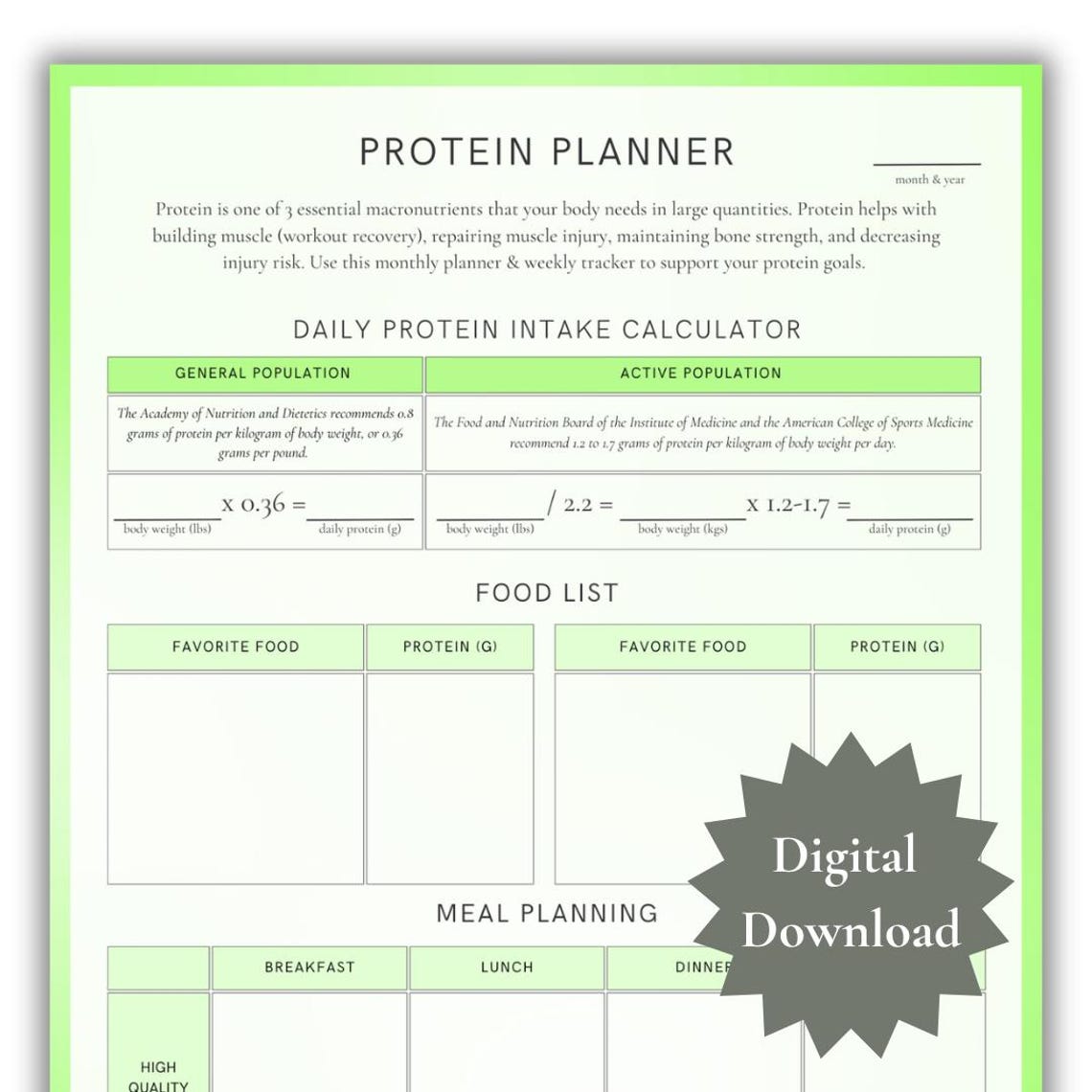 High Protein Tracker, Protein Food Tracker, Macro Meal Tracker, High ...