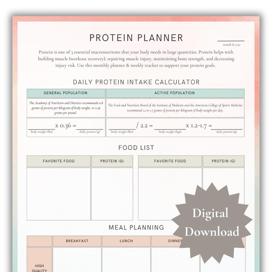 High Protein Tracker, Protein Food Tracker, Macro Meal Tracker, High ...