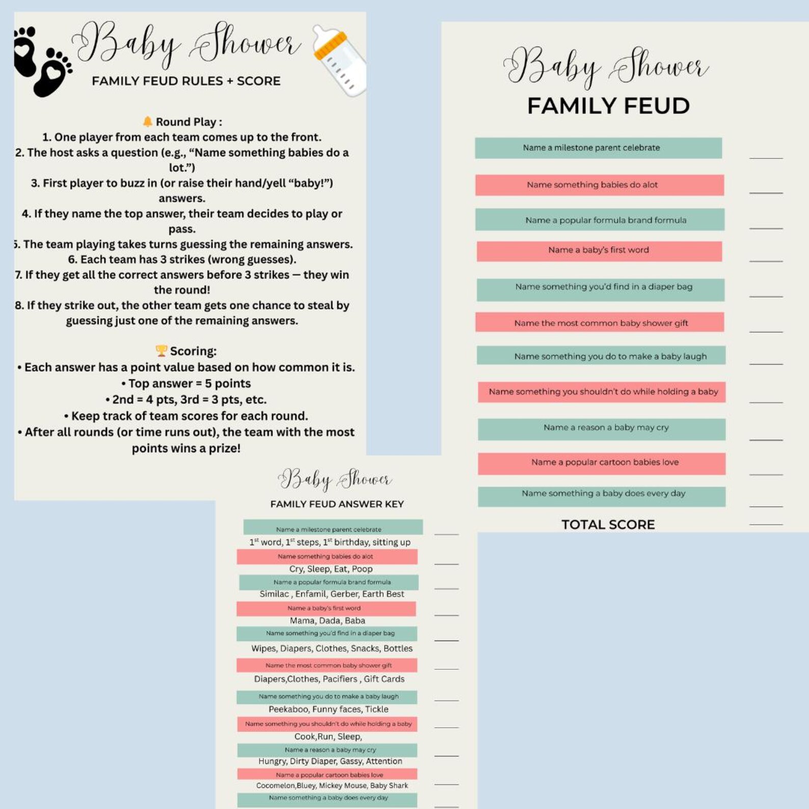 Baby Shower Family Feud Game – Printable With Answer Sheet + Game ...