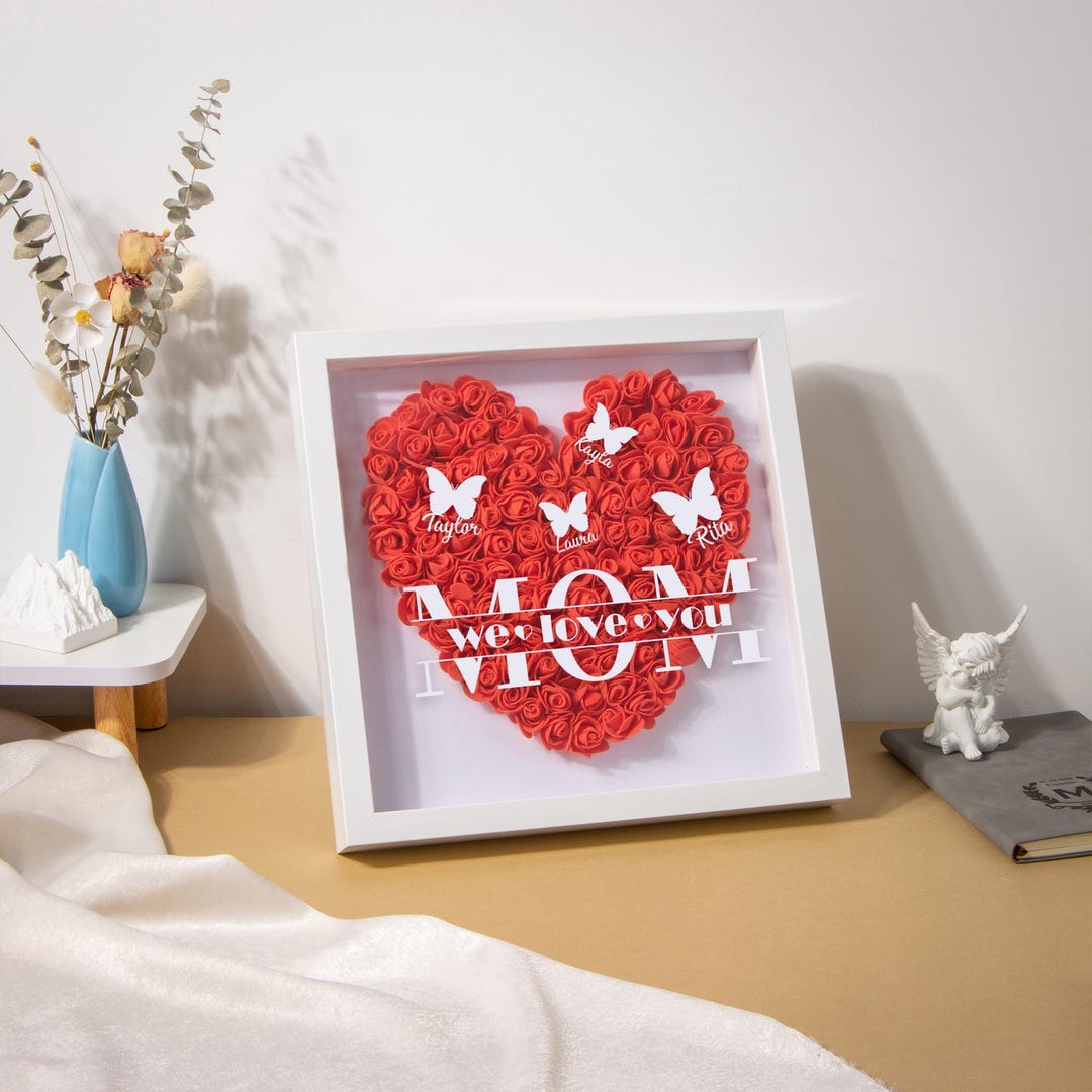 Personalized Heart Flower Shadow Box for Mom, Custom Kids Name Flower ...