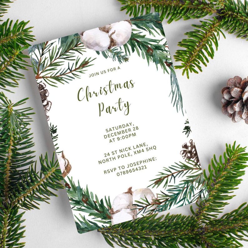 Editable Christmas Party Invitation Template Watercolour Wreath Frame ...