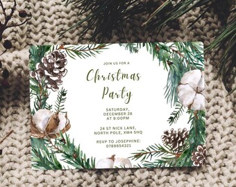 Editable Christmas Party Invitation Template Watercolour Wreath Frame ...
