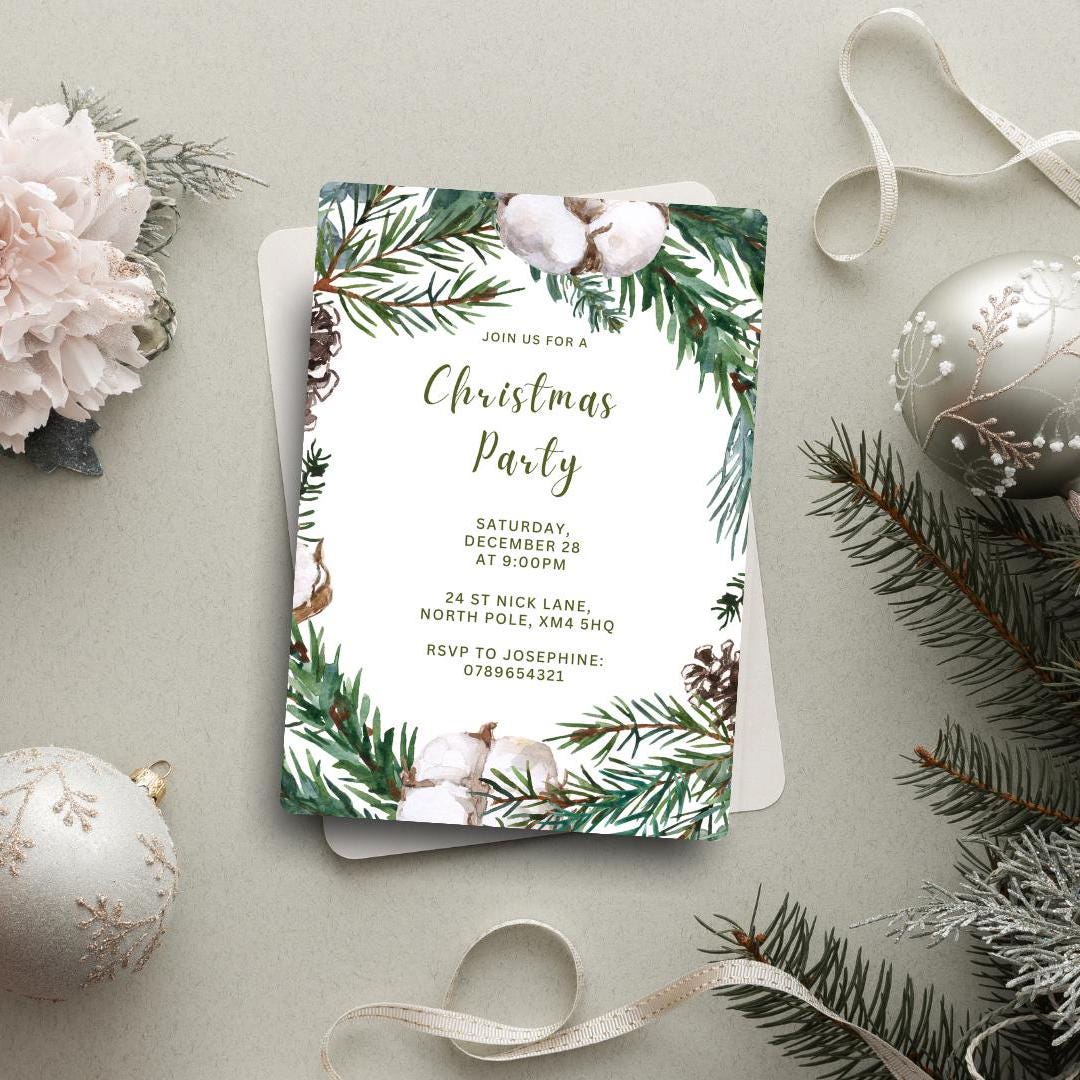 Editable Christmas Party Invitation Template Watercolour Wreath Frame ...