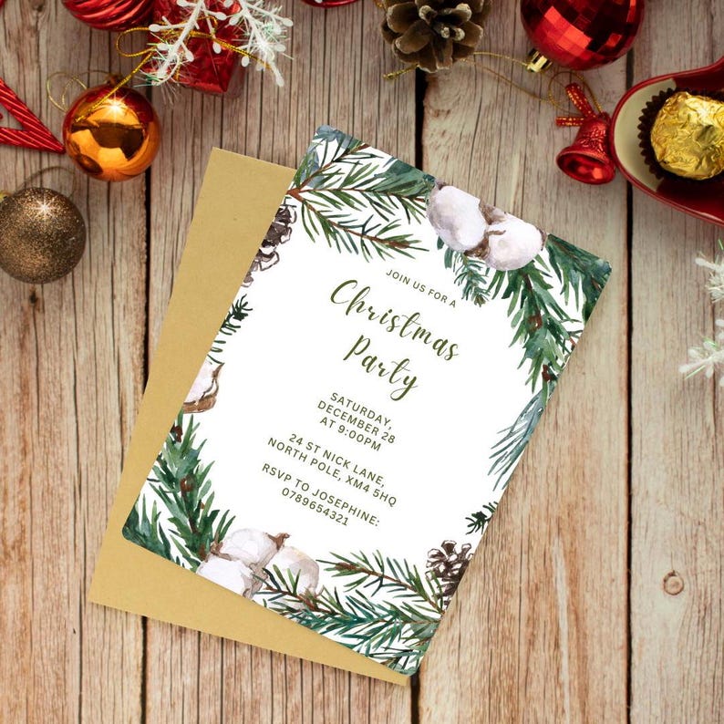 Editable Christmas Party Invitation Template Watercolour Wreath Frame ...