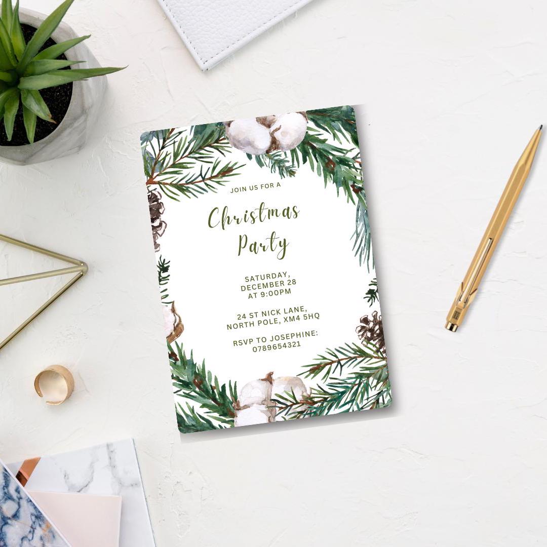 Editable Christmas Party Invitation Template Watercolour Wreath Frame ...