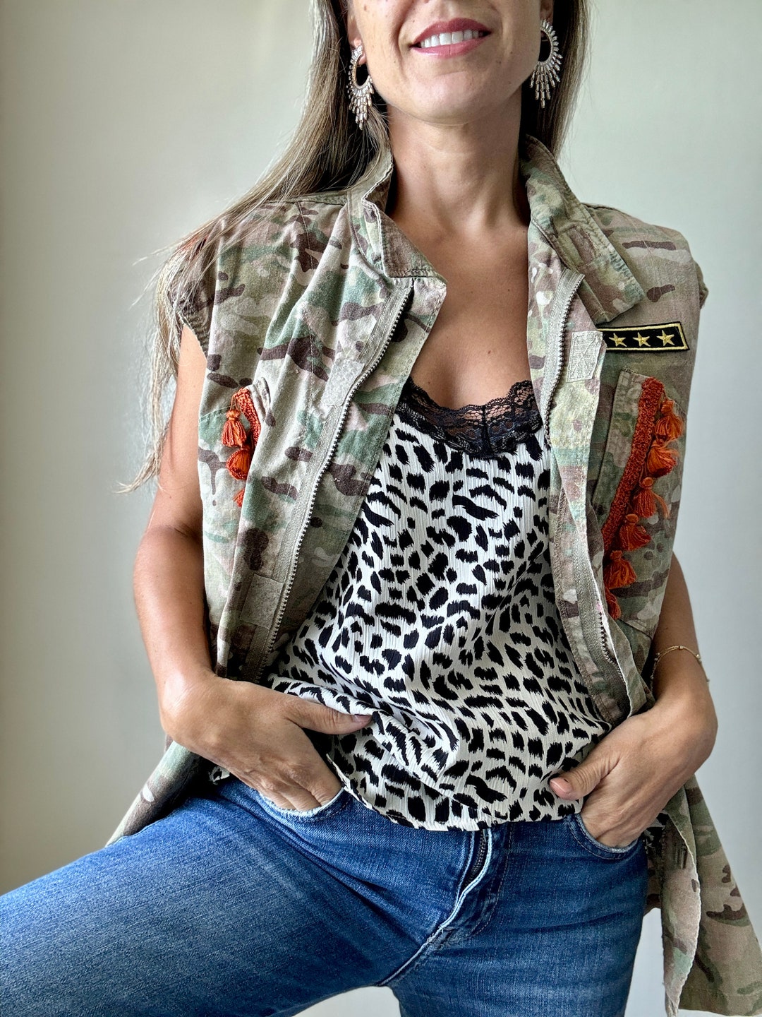 Army Upcycled Vest, Camo Jacket, Personalized Vest, Patchwork Army Vest ...