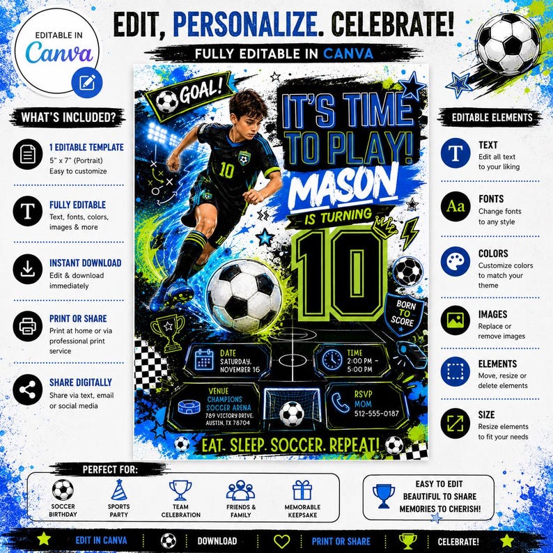 Soccer Birthday Invitation Template | Boys Soccer Party Invite ...