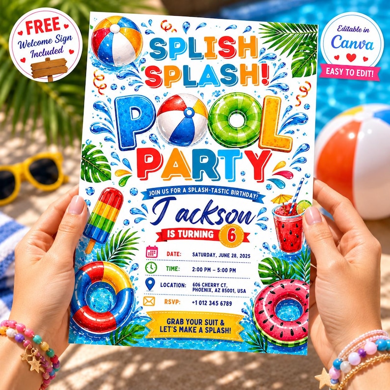 Splash Splash Pool Party Invitation Template | Summer Pool Birthday ...