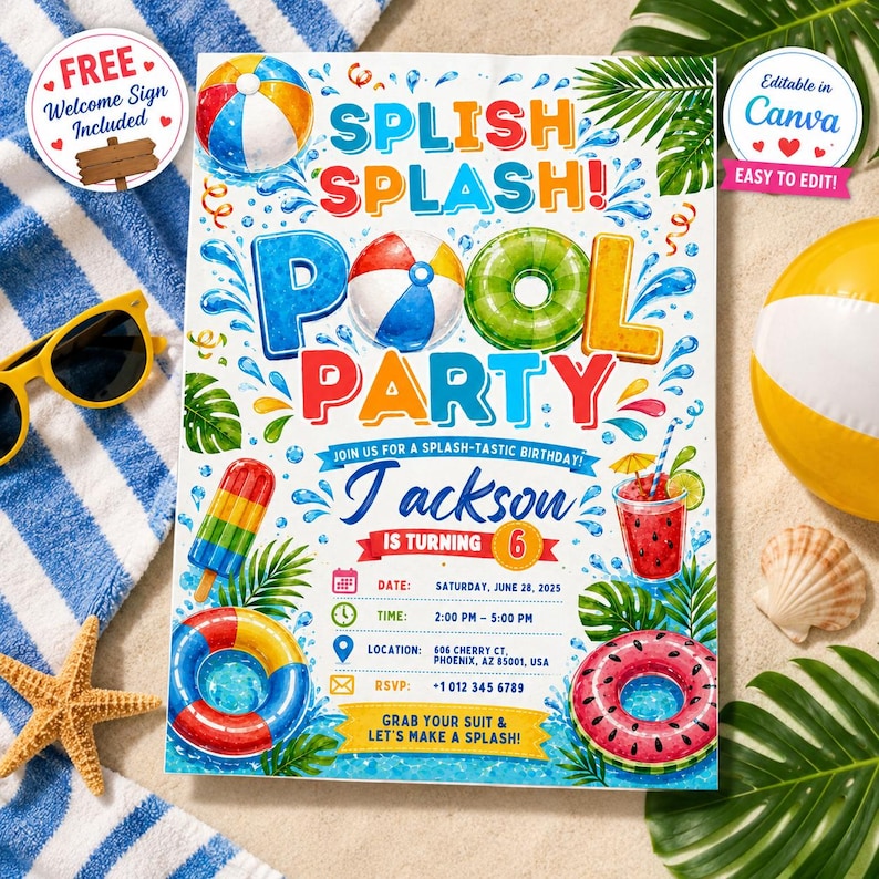 Splash Splash Pool Party Invitation Template | Summer Pool Birthday ...