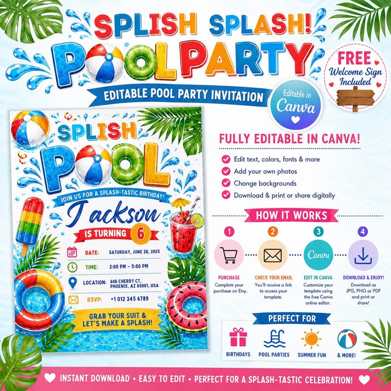Splash Splash Pool Party Invitation Template | Summer Pool Birthday ...
