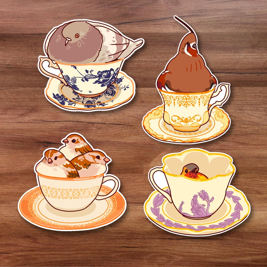 Tea Birds Sticker Set: Cozy Artisan Vinyl Decals - Etsy