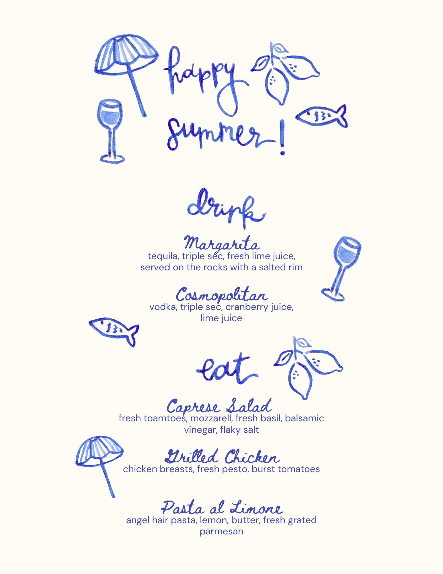 Summer Party Printable Templates: Dinner Menu, Invitation, Place Cards ...