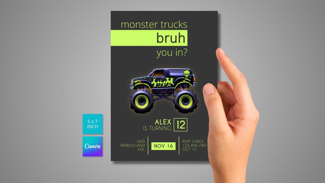 Bruh Monster Truck Jam Inspired Birthday Invitation | Monster Truck ...