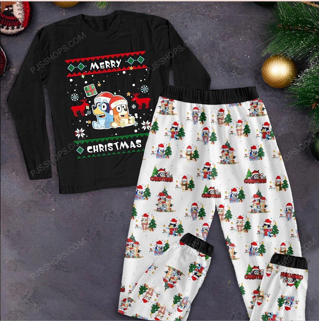 Merry Bluey Christmas Pajamas Set, Blue Dog Pajamas Set, Bluey Family ...