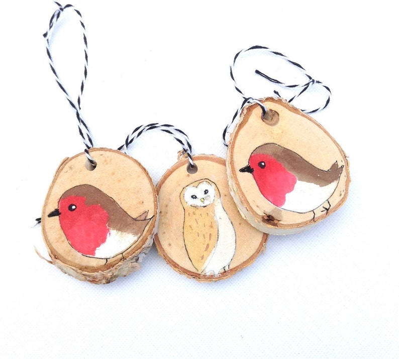 Wooden Robin Owl Christmas Ornaments THREE Robin Redbreast - Etsy