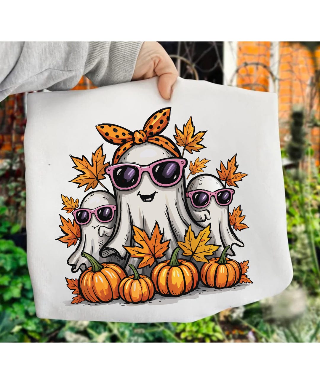 Cute Ghost Family With Pumpkins and Fall Leaves PNG | Halloween Autumn ...