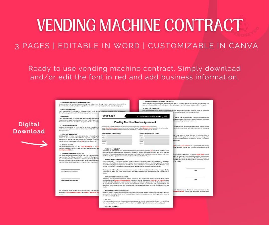 Vending Machine Service Agreement | Contract Template | Editable PDF ...