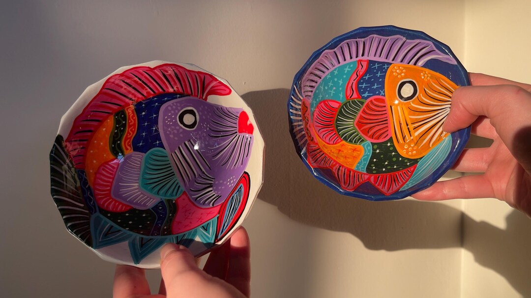 Footed Guacamole Bowls, Colorful Fish Design, Handmade, Mexican Pottery, Stunning Set of 2 ...