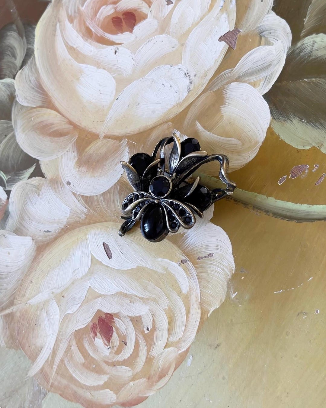 Danny Pollak Signed Black Bee Flower Brooch Baroque Jet Rhinestone ...