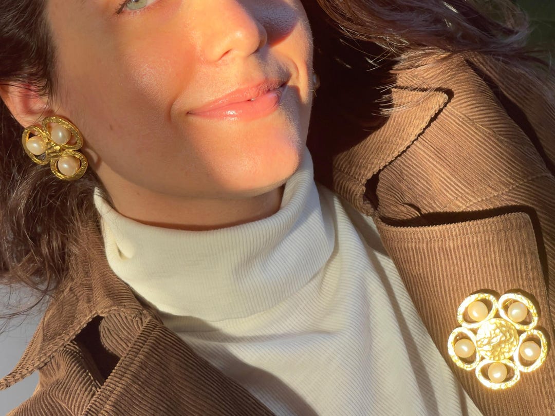 Vintage Signed CRAFT Important Brooch and Clip Earrings Set, Gold and ...