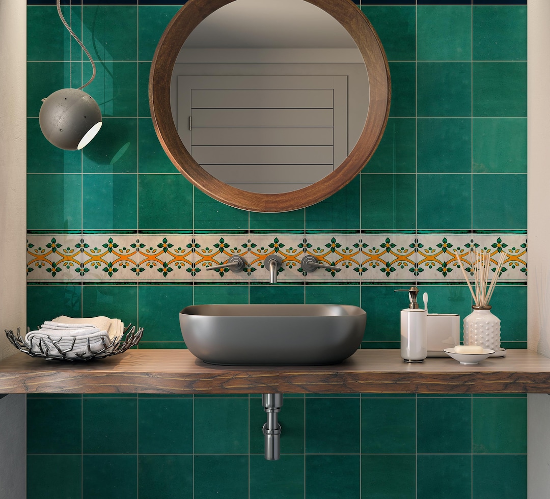 Spanish Seville Tiles, Border Tiles, Subway Green, Set of 5 Minimal ...