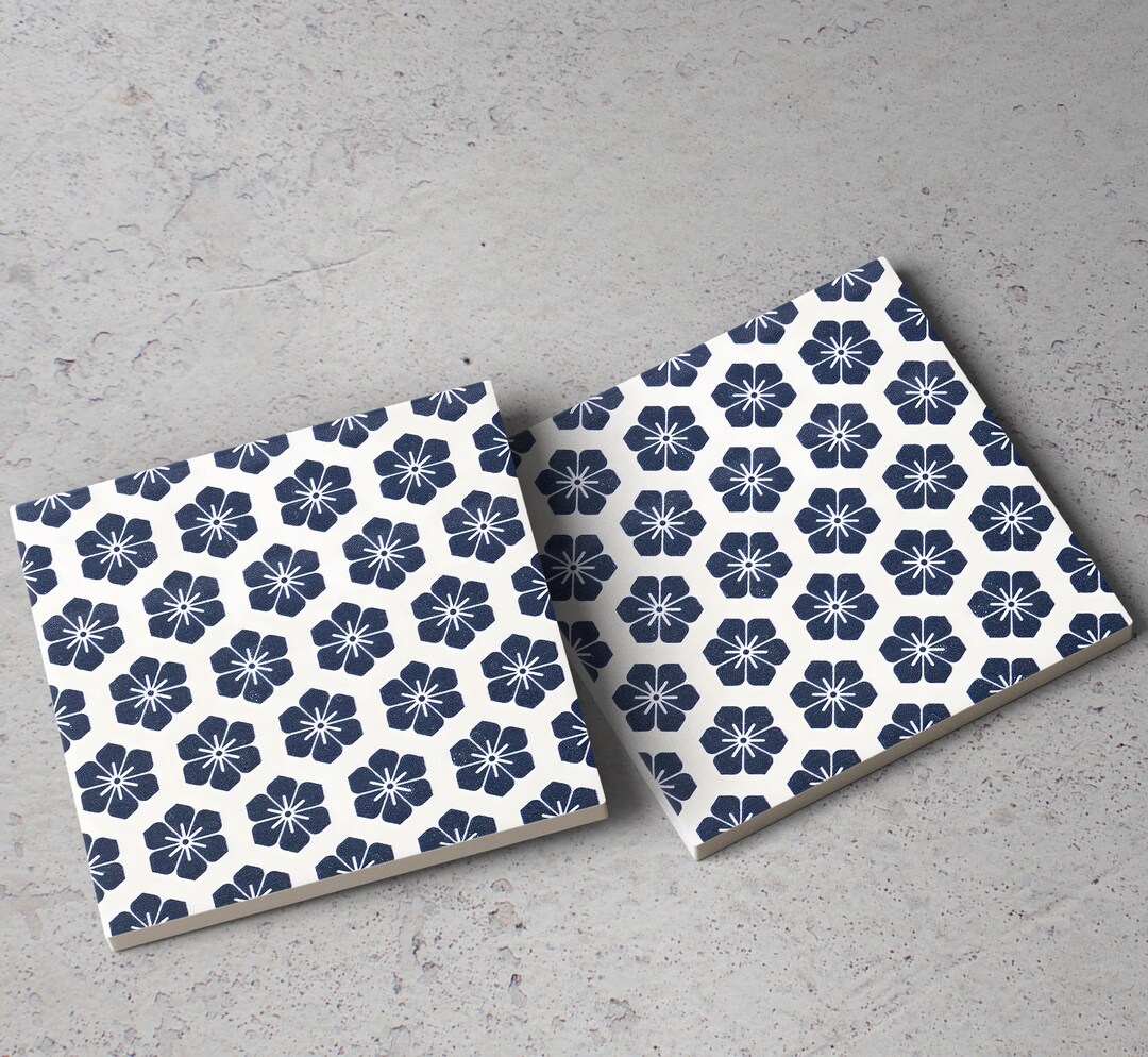 Elegant Blue Floral Ceramic Squares Set of 5 Minimal Art Wall Tiles ...