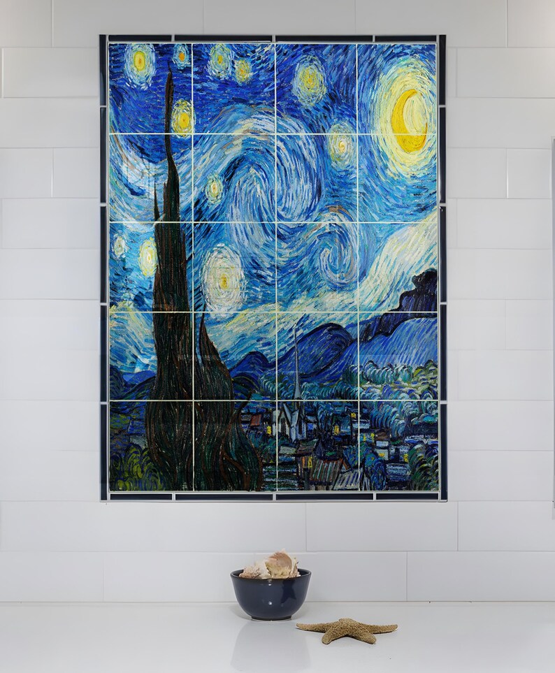 Van Gogh's Starry Night Tile Wall Art, Handcrafted Ceramic Mural for ...
