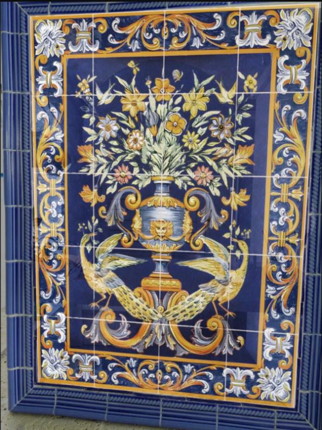 Handcrafted Spanish Tile Mural Featuring Elegant Peacocks and Floral ...