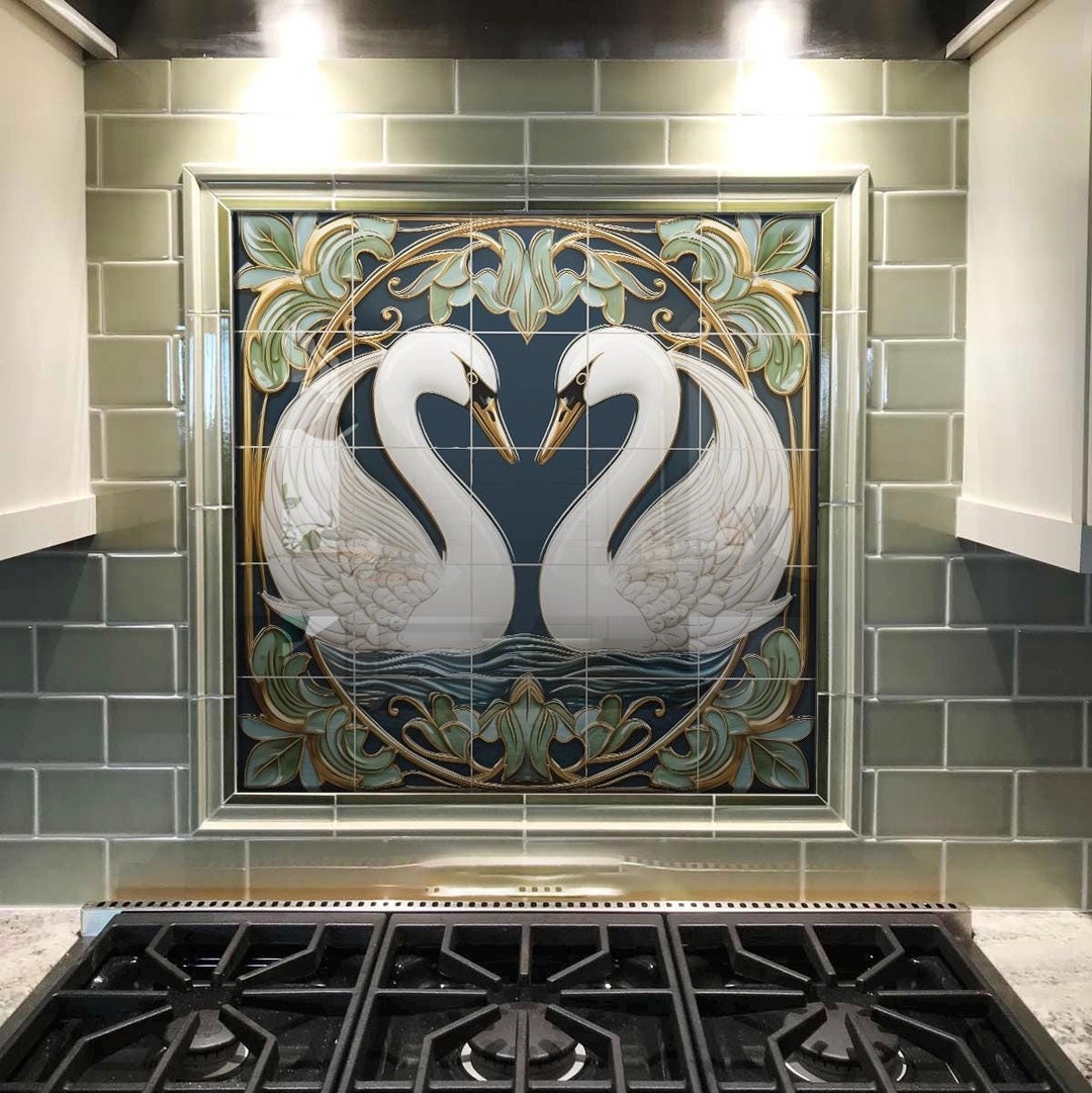 Art Nouveau Swan Tile Wall Mural, Handcrafted Backsplash Featuring ...