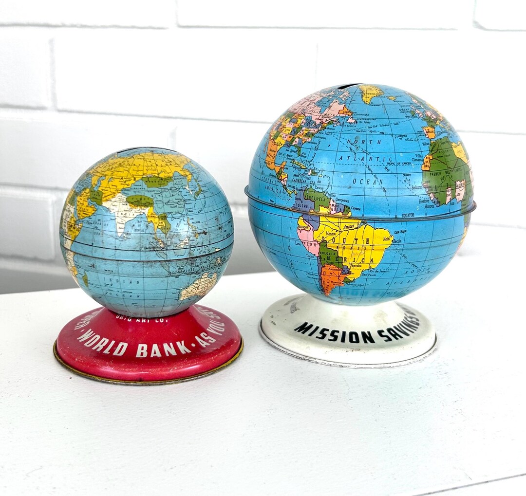 Pair of Vintage Tin Globe Banks - Kids, Office, Desk, Maps, Nautical ...