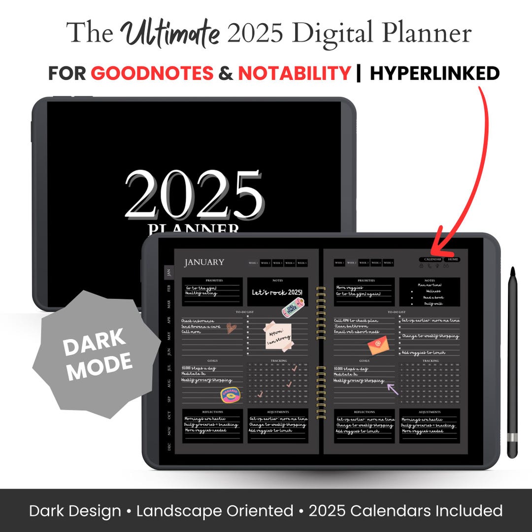 Dark Mode Digital Planner, Digital Planner Dark Mode, 2025 Planner ...