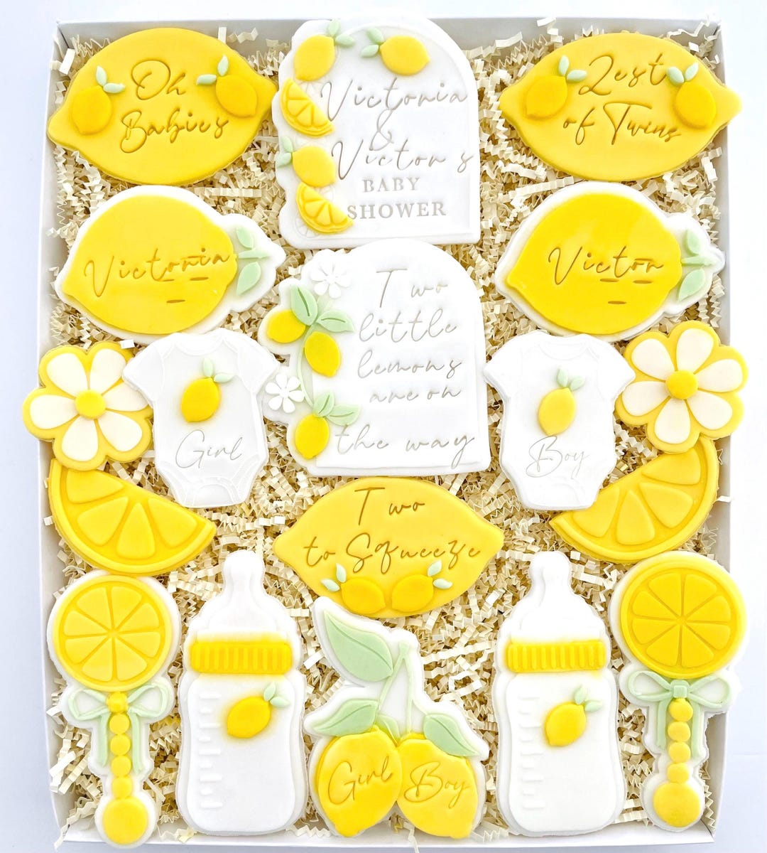 Personalised Twins Baby Shower Cookies • Lemon Theme Gender Reveal ...