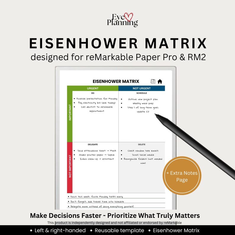 Eisenhower Matrix for Remarkable Paper Pro | Productivity Tool ...