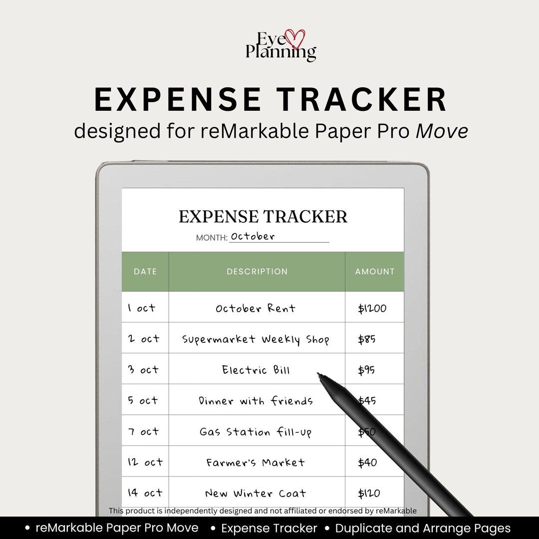 Expense Tracker for Remarkable Paper Pro Move | Monthly Expense Log ...