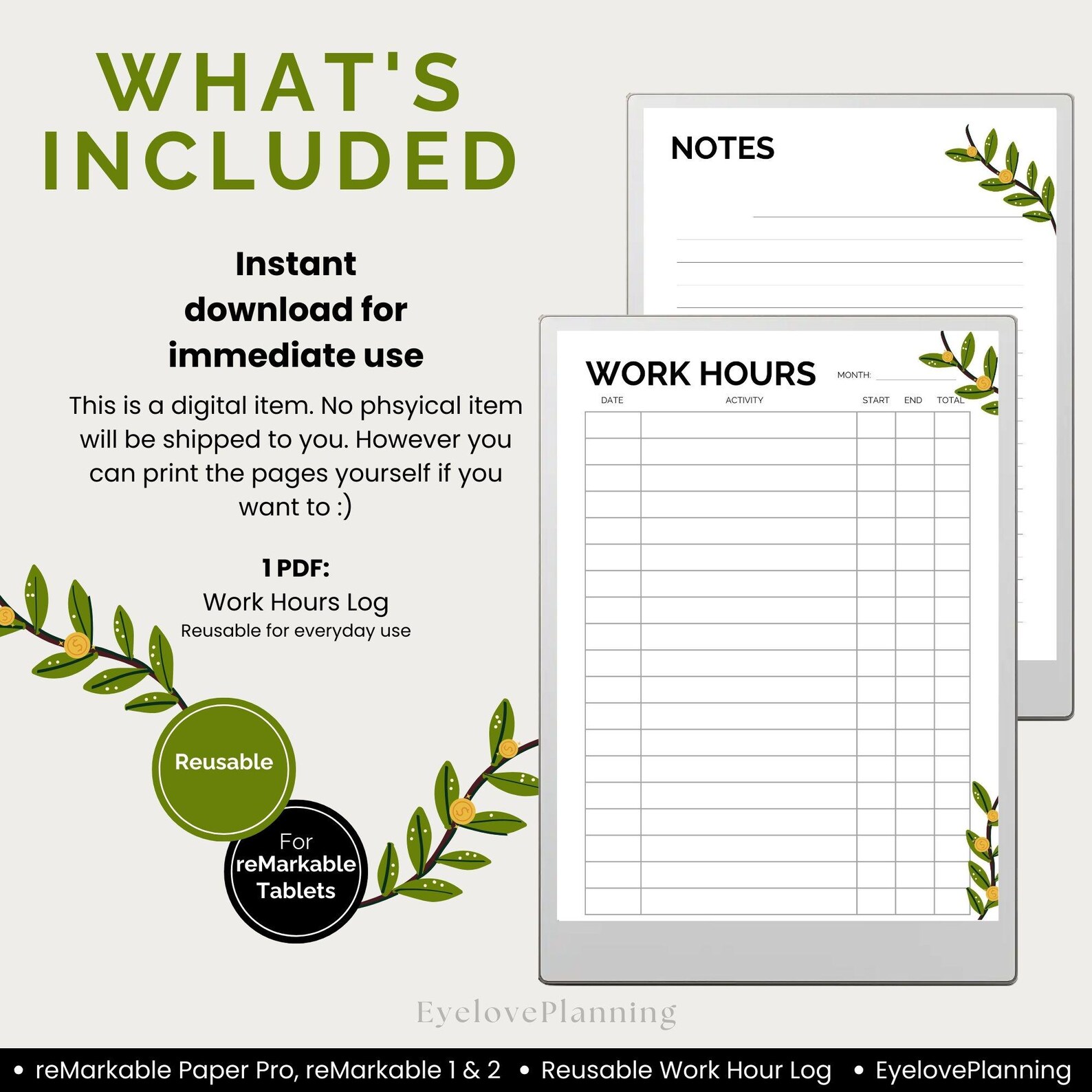 Work Hour Log for Remarkable Paper Pro, 2 & 1 | Digital Time Sheet ...