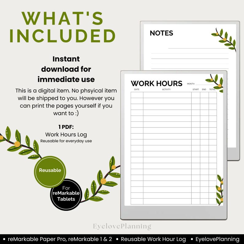 Work Hour Log for Remarkable Paper Pro, 2 & 1 | Digital Time Sheet ...