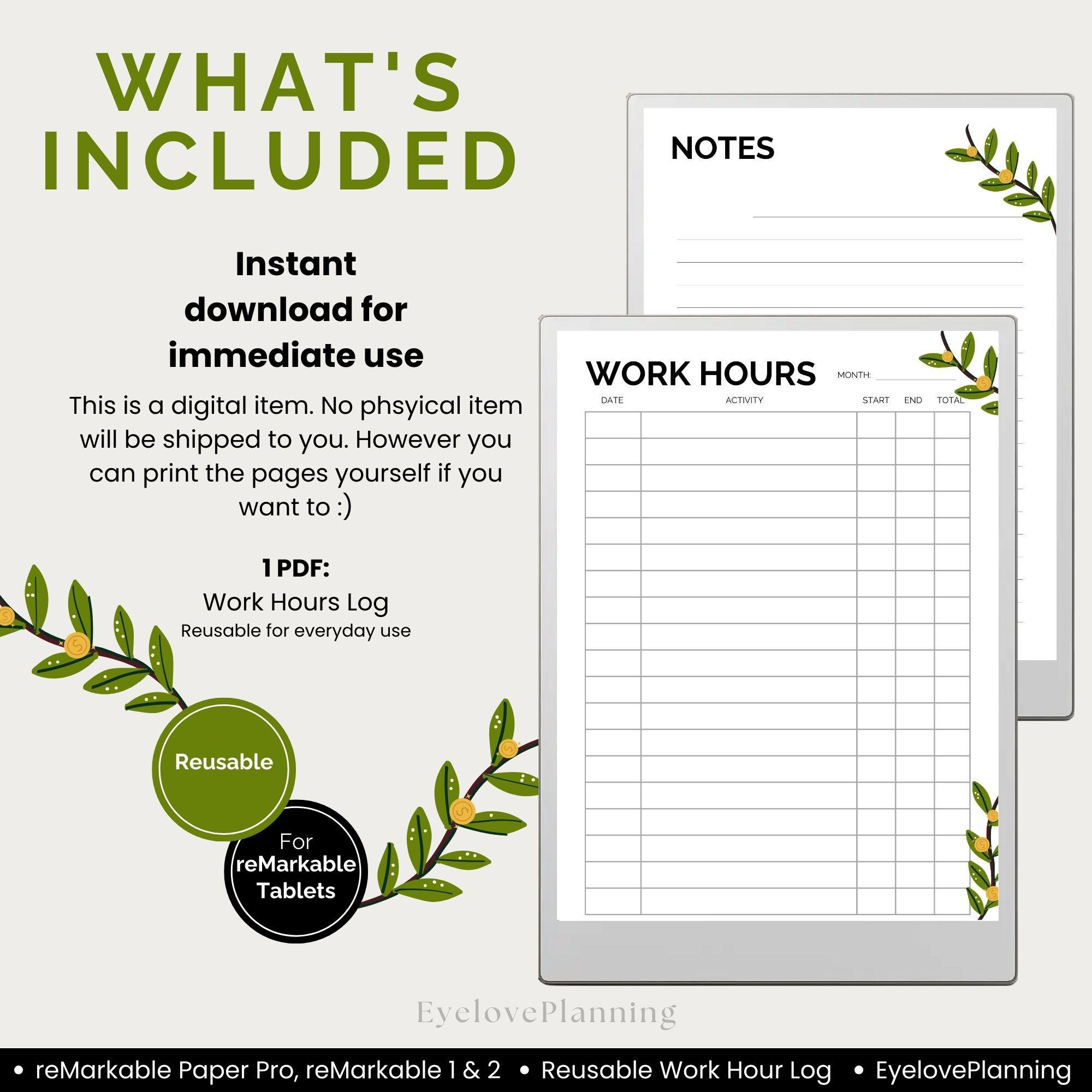 Work Hour Log for Remarkable Paper Pro, 2 & 1 | Digital Time Sheet ...